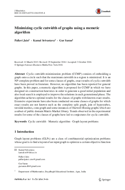 Pdf Minimizing Cyclic Cutwidth Of Graphs Using A Memetic Algorithm