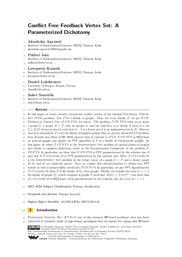 Pdf Conflict Free Feedback Vertex Set A Parameterized Dichotomy Pallavi Jain 
