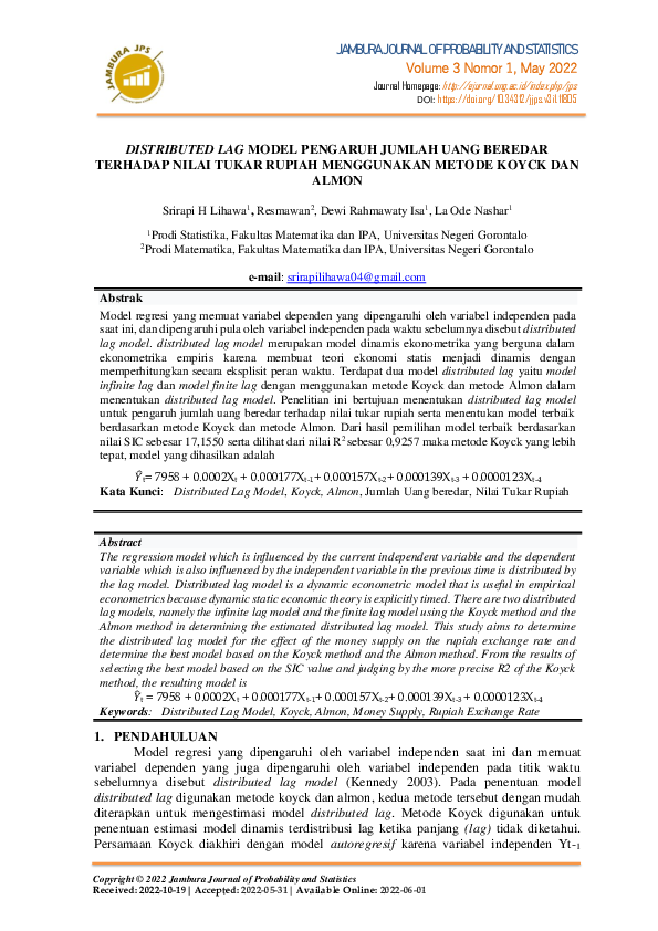 (PDF) Distributed Lag Model Pengaruh Jumlah Uang Beredar Terhadap Nilai ...