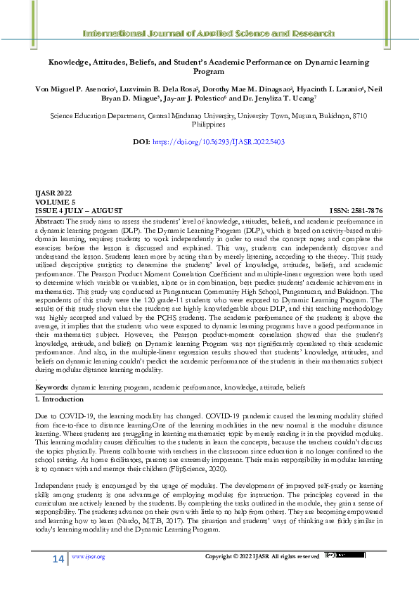 (PDF) Knowledge, Attitudes, Beliefs, and Student’s Academic Performance ...