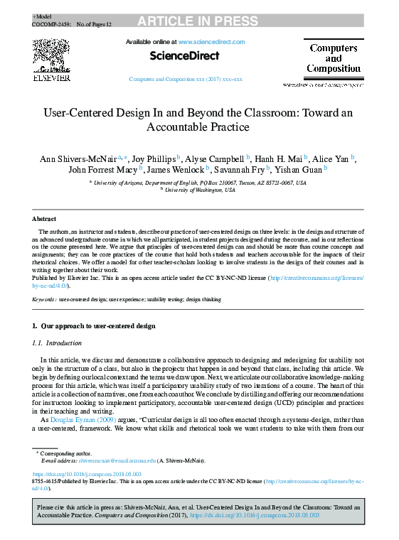 (PDF) User-Centered Design In and Beyond the Classroom: Toward an Accountable Practice
