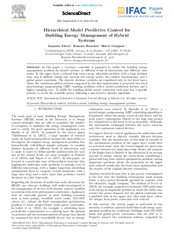 (PDF) Hierarchical Model Predictive Control for Building Energy Management of Hybrid Systems