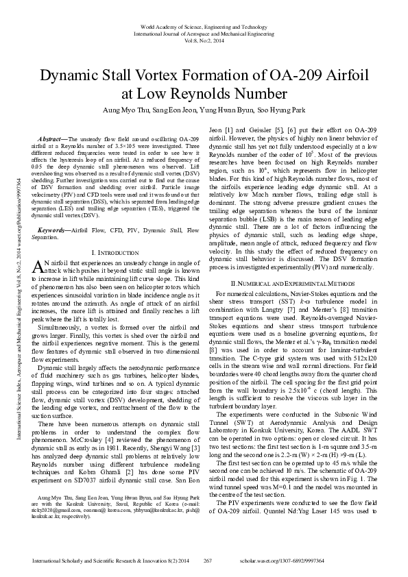 (PDF) Dynamic Stall Vortex Formation in OA-209 Airfoil at Low Re