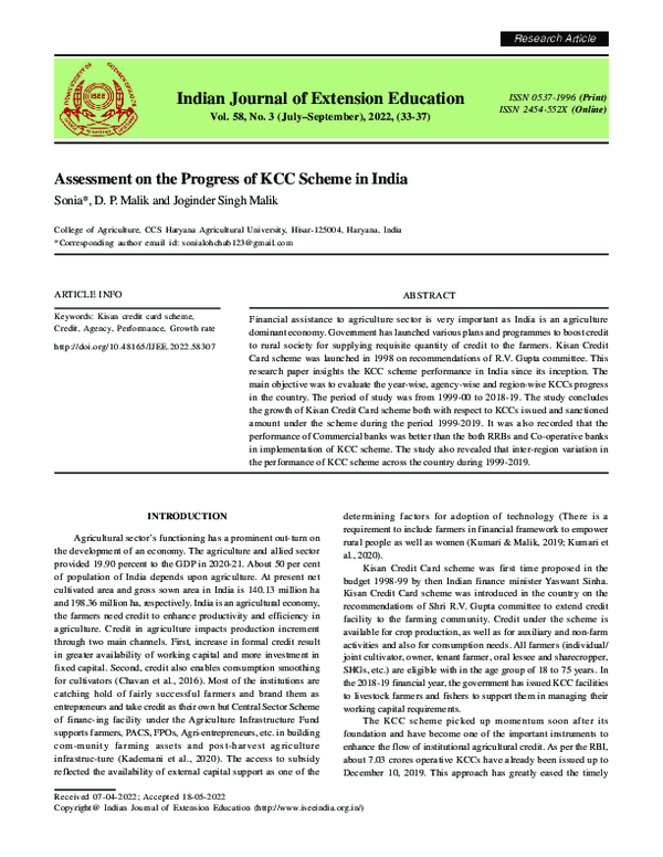 (PDF) Assessment on the Progress of KCC Scheme in India