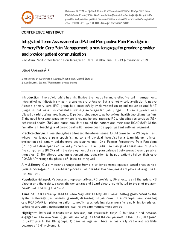 (PDF) Integrated Team Assessment and Patient Perspective Pain Paradigm ...