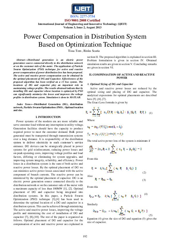(PDF) Power Compensation in Distribution System Based on Optimization Technique
