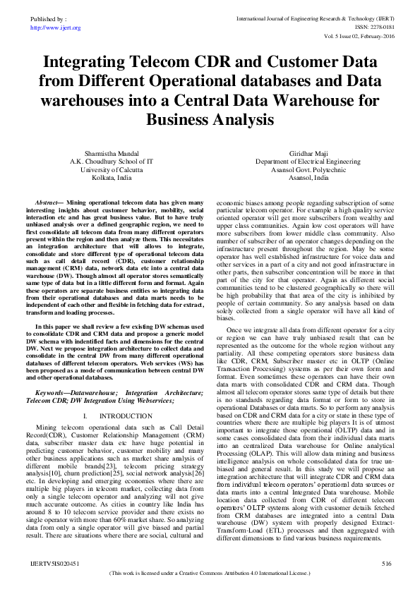 (PDF) Integrating Telecom CDR and Customer Data from Different Operational databases and Data ...