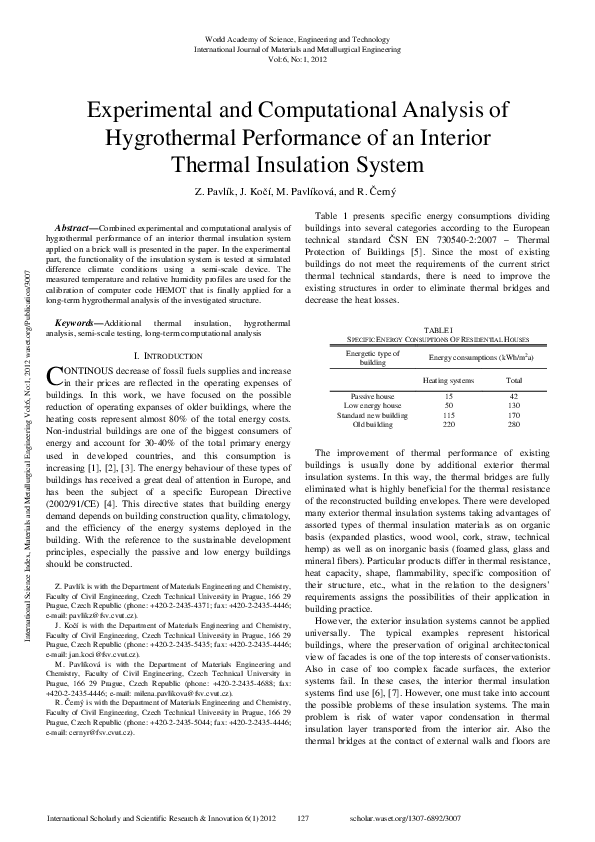 (PDF) Experimental And Computational Analysis Of Hygrothermal Performance Of An Interior Thermal ...