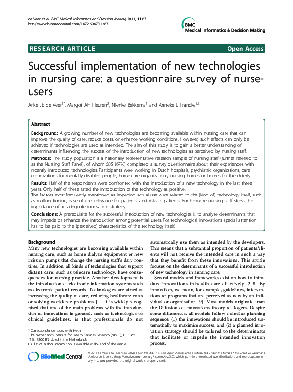 (PDF) Successful implementation of new technologies in nursing care: a ...