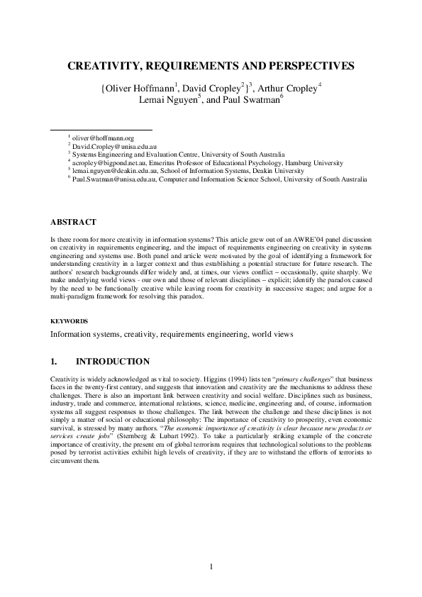 (PDF) Creativity, Requirements and Perspectives