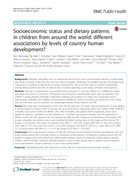 (PDF) Socioeconomic status and dietary patterns in children from around ...