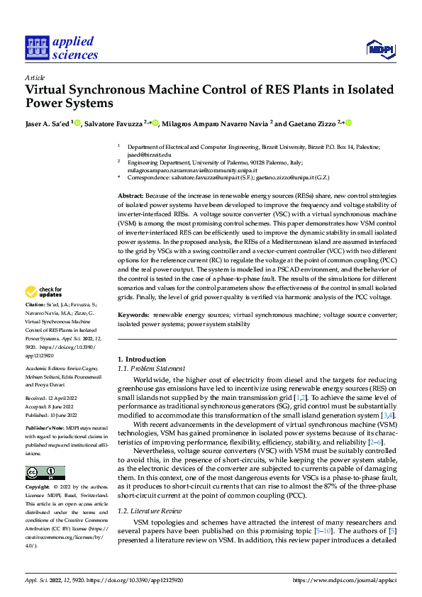 (PDF) Virtual Synchronous Machine Control of RES Plants in Isolated ...