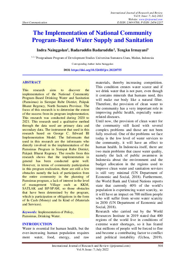 (PDF) The Implementation of National Community Program-Based Water ...