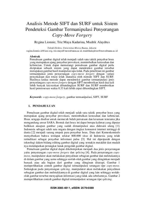 (PDF) Analisis Metode SIFT dan SURF untuk Sistem Pendeteksi Gambar Termanipulasi Penyerangan ...