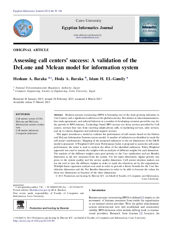 (PDF) Assessing call centers’ success: A validation of the DeLone and ...