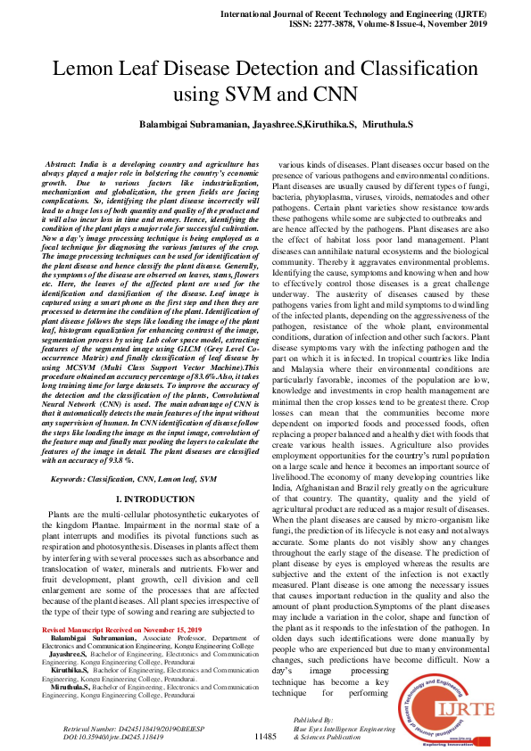(PDF) Lemon Leaf Disease Detection and Classification using SVM and CNN