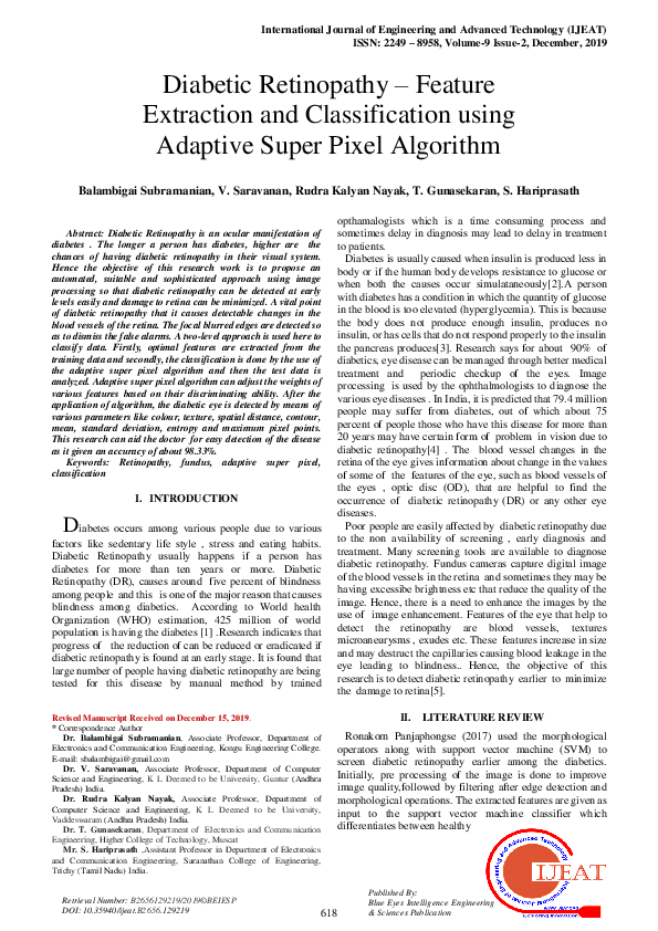 Pdf Diabetic Retinopathy Feature Extraction And Classification Using Adaptive Super Pixel