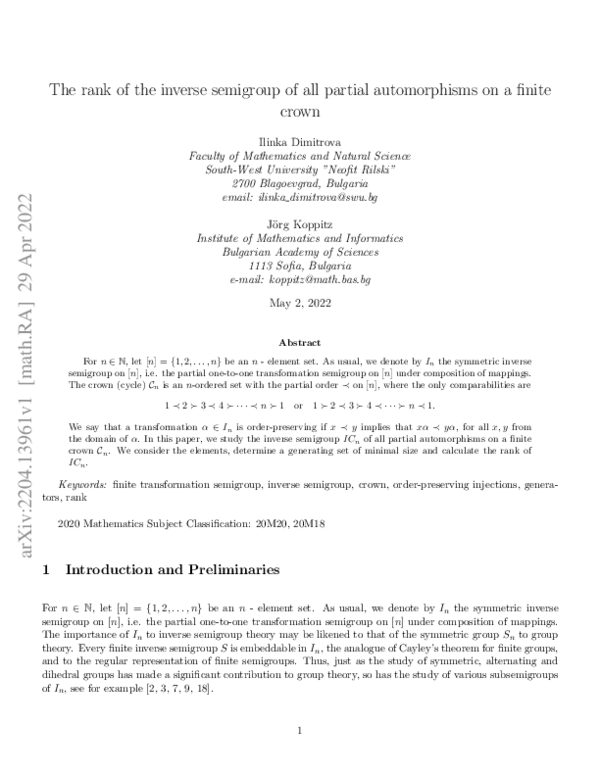 (PDF) The rank of the inverse semigroup of all partial automorphisms on ...