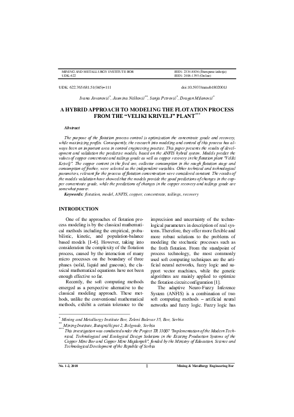 (PDF) A hybrid approach to modeling the flotation process from the 'Veliki Krivelj' plant