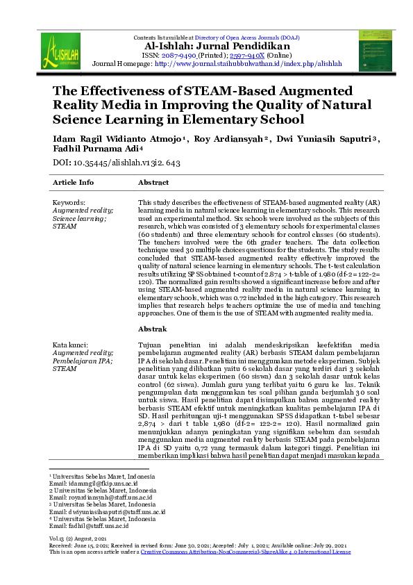 (PDF) The Effectiveness of STEAM-Based Augmented Reality Media in Improving the Quality of ...
