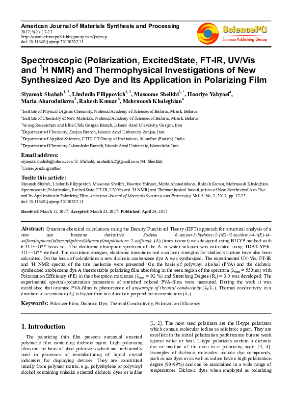 (PDF) Spectroscopic (Polarization, ExcitedState, FT-IR, UV/Vis and 1H NMR) and Thermophysical ...