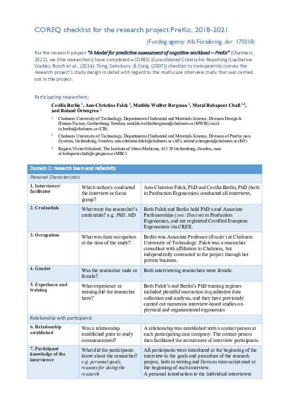 (PDF) COREQ checklist for the research project PreKo, 2018-2021