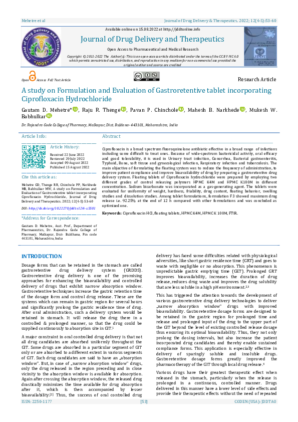(PDF) A study on Formulation and Evaluation of Gastroretentive tablet ...