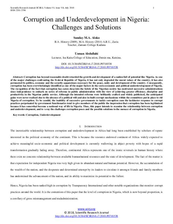 (PDF) Corruption and Underdevelopment in Nigeria: Challenges and Solutions