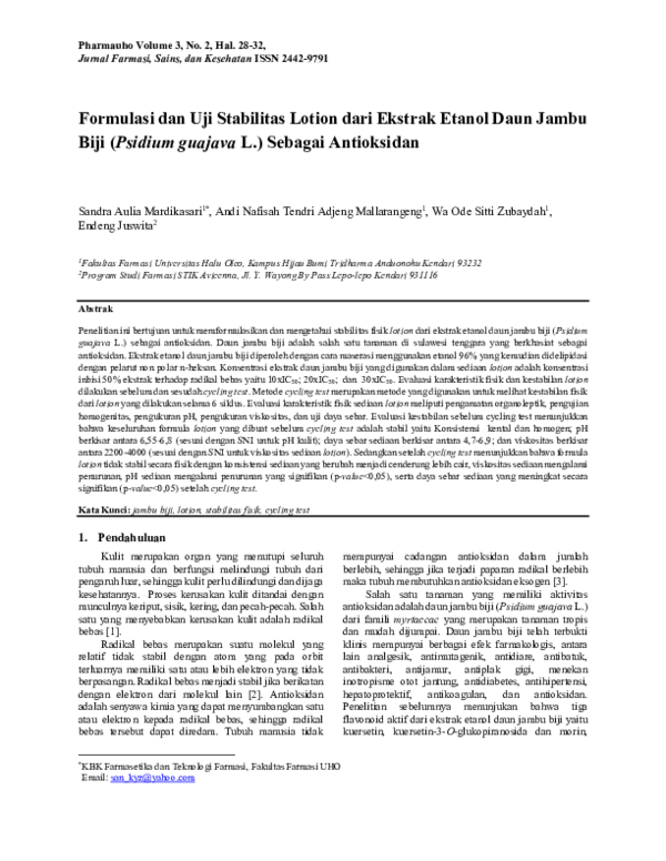 (PDF) Formulasi dan Uji Stabilitas Lotion dari Ekstrak Etanol Daun Jambu Biji (Psidium guajava L ...