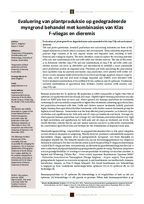 (PDF) Evaluering van plantproduksie op gedegradeerde myngrond behandel ...
