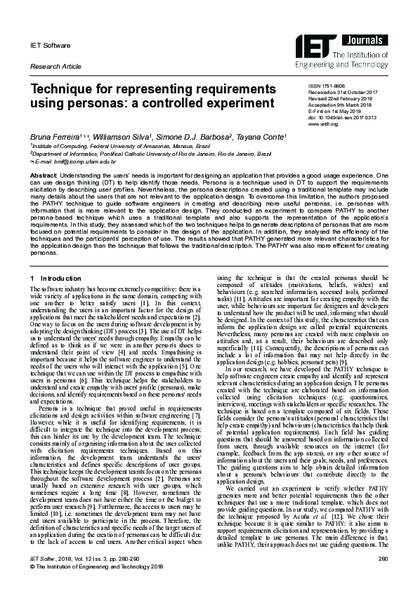 (PDF) Technique for representing requirements using personas: a controlled experiment