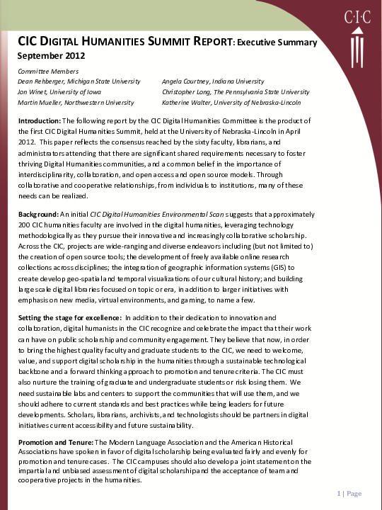 (PDF) CIC DIGITAL HUMANITIES SUMMIT REPORT: Executive Summary CIC ...