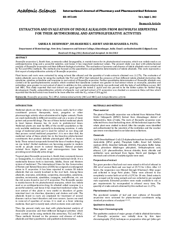(PDF) EXTRACTION AND EVALUATION OF INDOLE ALKALOIDS FROM RAUWOLFIA SERPENTINA FOR THEIR ...