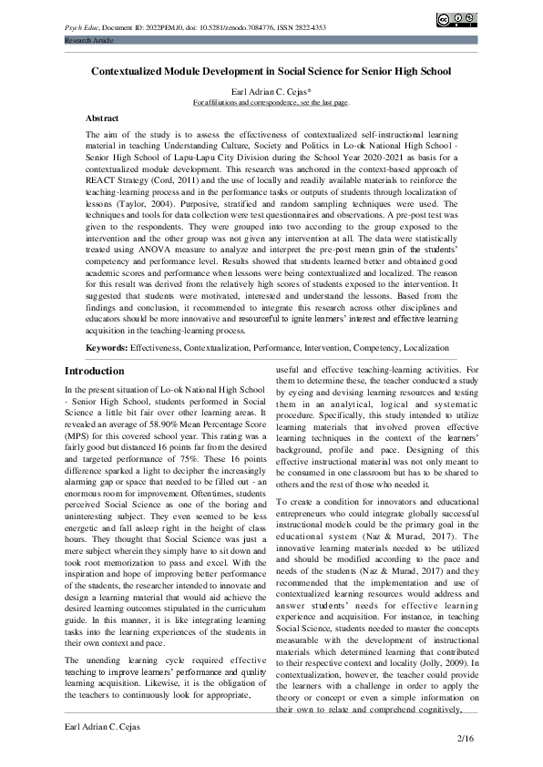 (PDF) Contextualized Module Development in Social Science for Senior ...