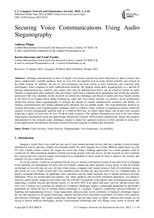 (PDF) Securing Voice Communications Using Audio Steganography