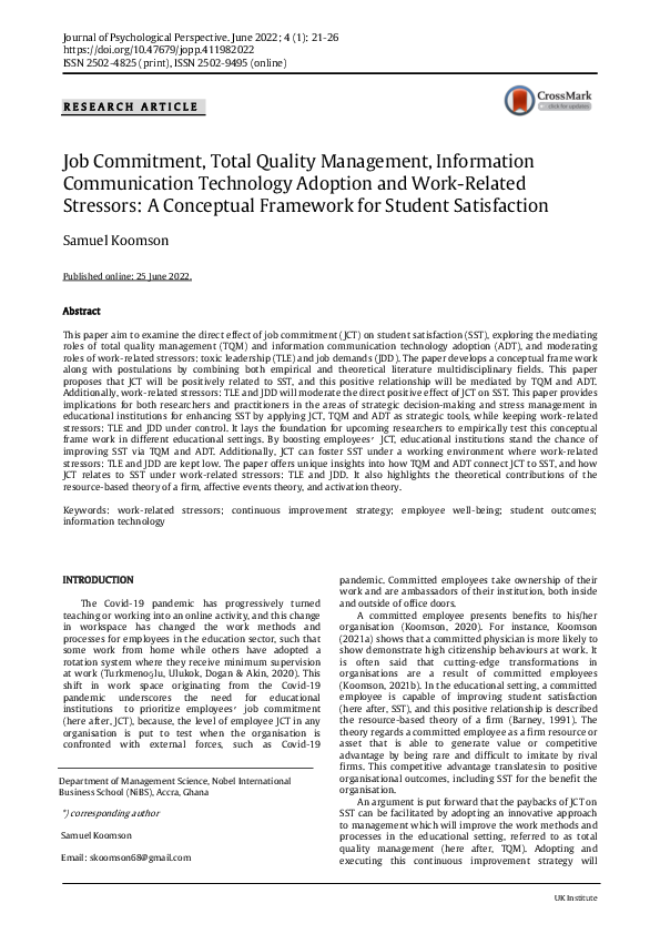 (PDF) Job commitment, total quality management, information communication technology adoption ...