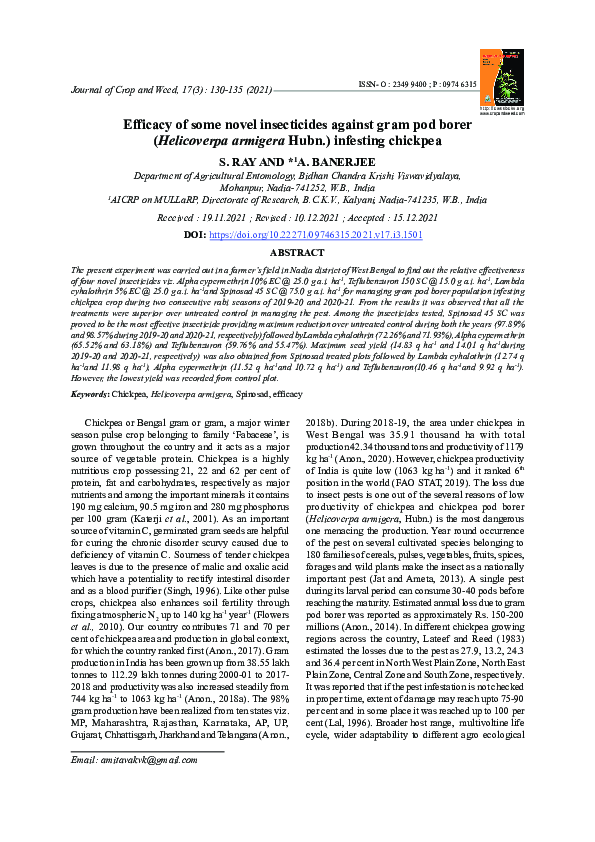 (PDF) Efficacy of some novel insecticides against gram pod borer (Helicoverpa armigera Hubn ...