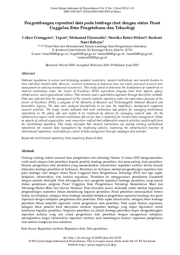 (PDF) Pengembangan repositori data pada lembaga riset dengan status ...