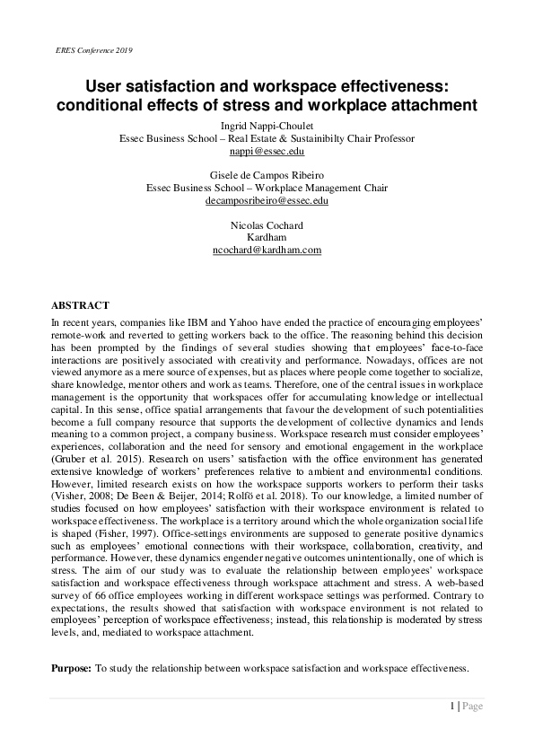 (PDF) User satisfaction and workspace effectiveness: conditional effects of stress and workplace ...