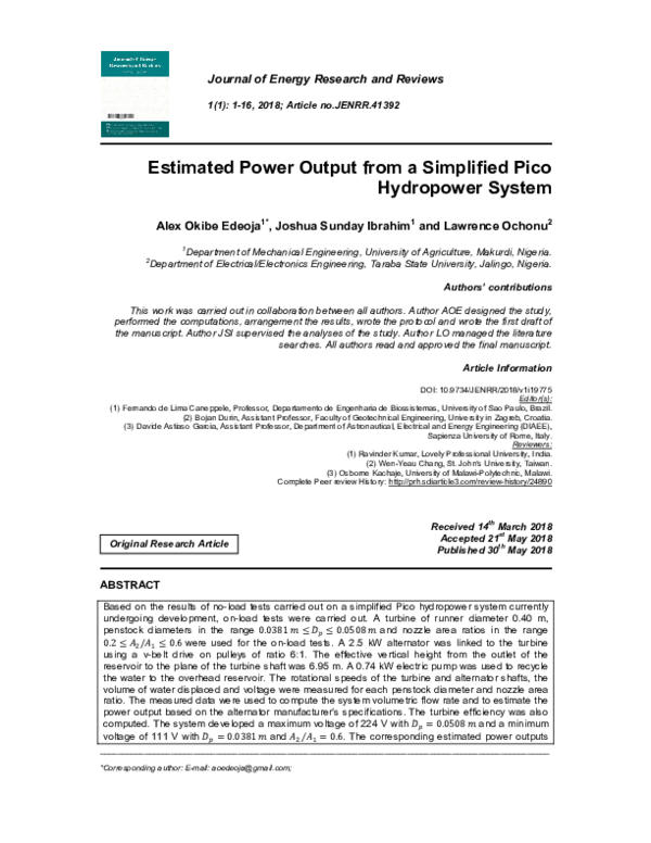 (PDF) Estimated Power Output from a Simplified Pico Hydropower System