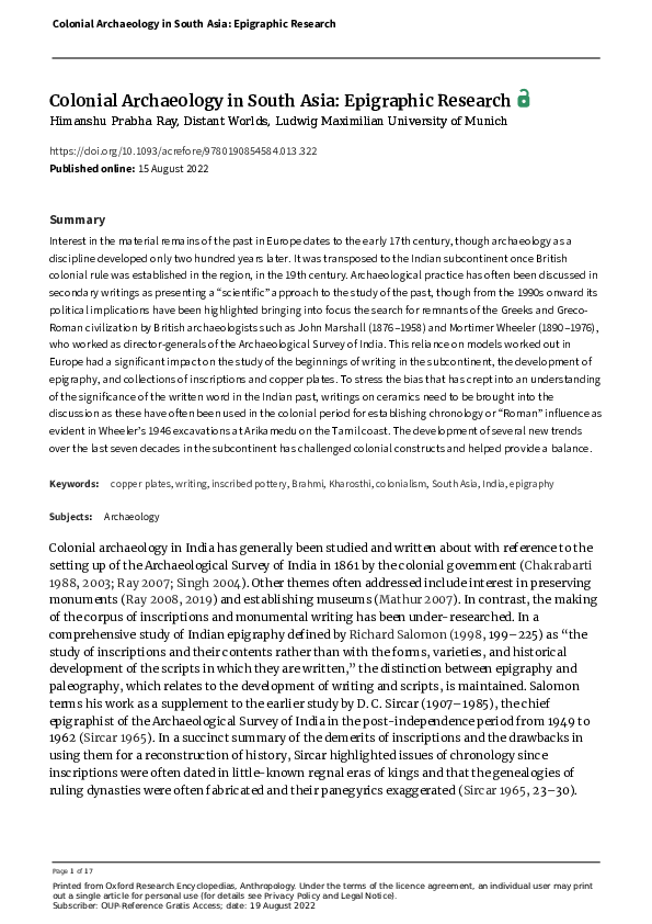 (PDF) Colonial Archaeology in South Asia: Epigraphic Research