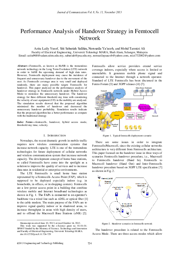 Pdf Performance Analysis Of Handover Strategy In Femtocell Network