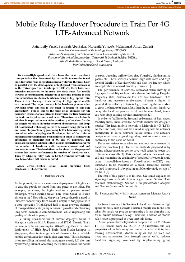 (PDF) Mobile Relay Handover Procedure in Train for 4G LTE-Advanced Network