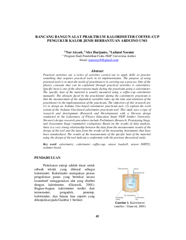 Pdf Rancang Bangun Alat Praktikum Kalorimeter Coffee Cup Pengukur Kalor Jenis Berbantuan 