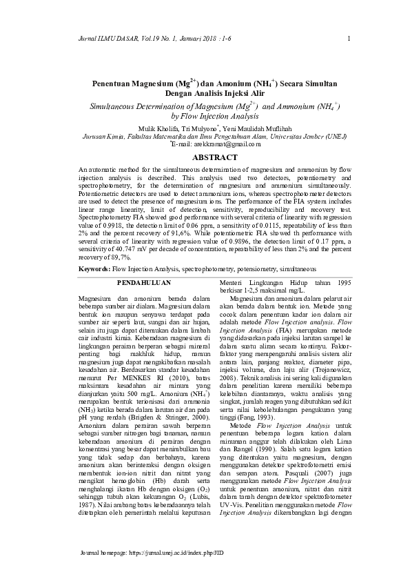 Pdf Simultaneous Determination Of Magnesium Mg2 And Ammonium Nh4 By Flow Injection Analysis