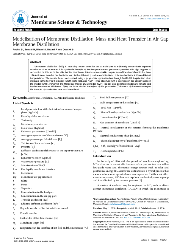 (PDF) Modelisation of Membrane Distillation: Mass and Heat Transfer in Air Gap Membrane Distillation
