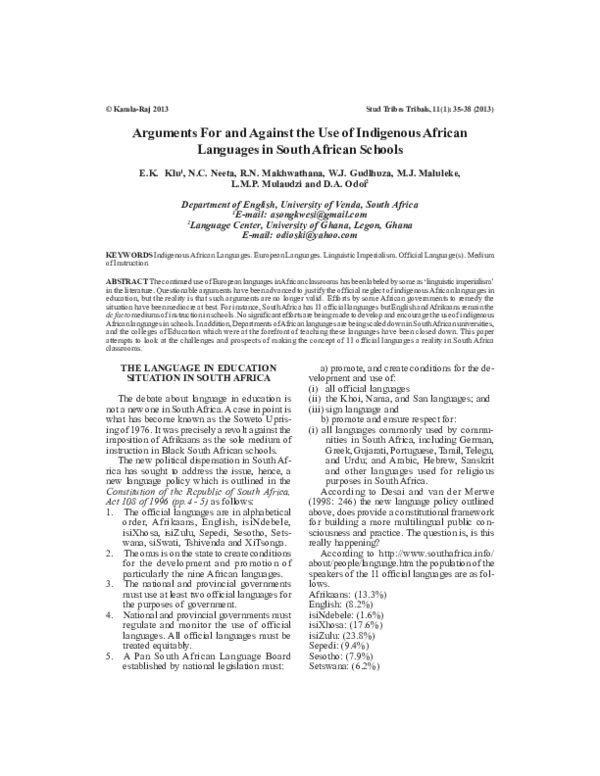(PDF) Arguments For and Against the Use of Indigenous African Languages ...