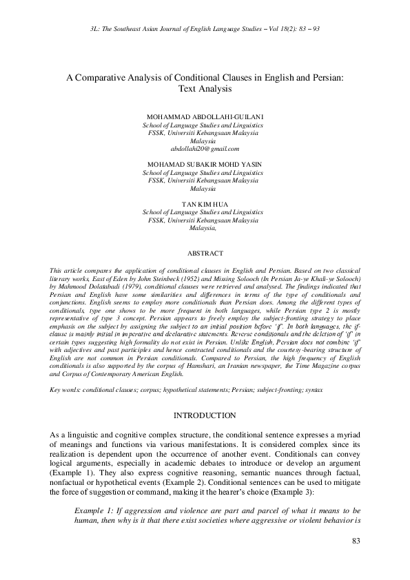 (PDF) A Comparative Analysis of Conditional Clauses in English and Persian: Text Analysis