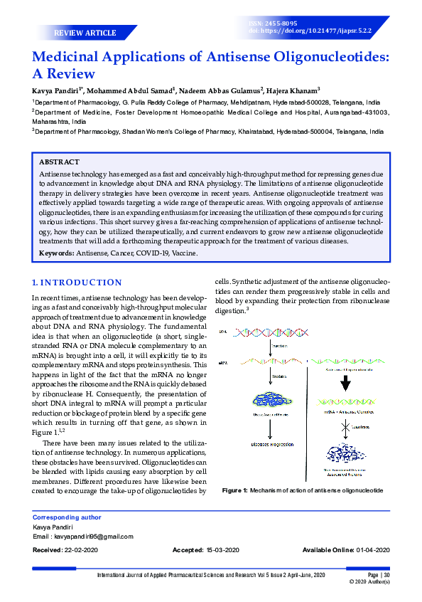 (PDF) Medicinal Applications of Antisense Oligonucleotides: A Review