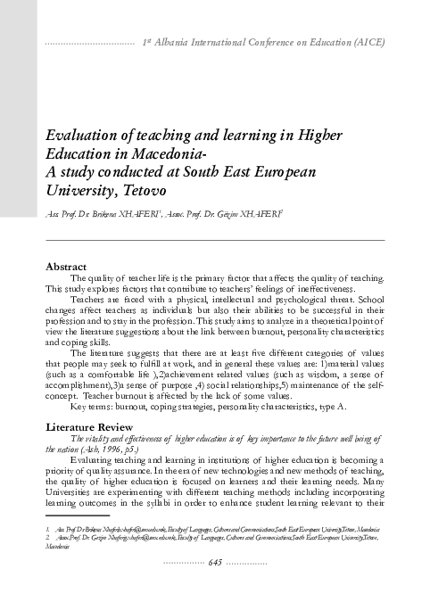 (PDF) Evaluation of teaching and learning in Higher Education in Macedonia- A study conducted at ...